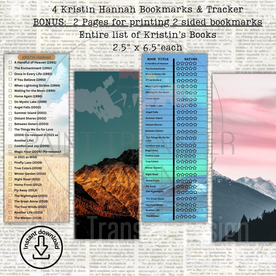 Kristin Hannah Bookmarks-tracker List of All Books-bookish Digital ...