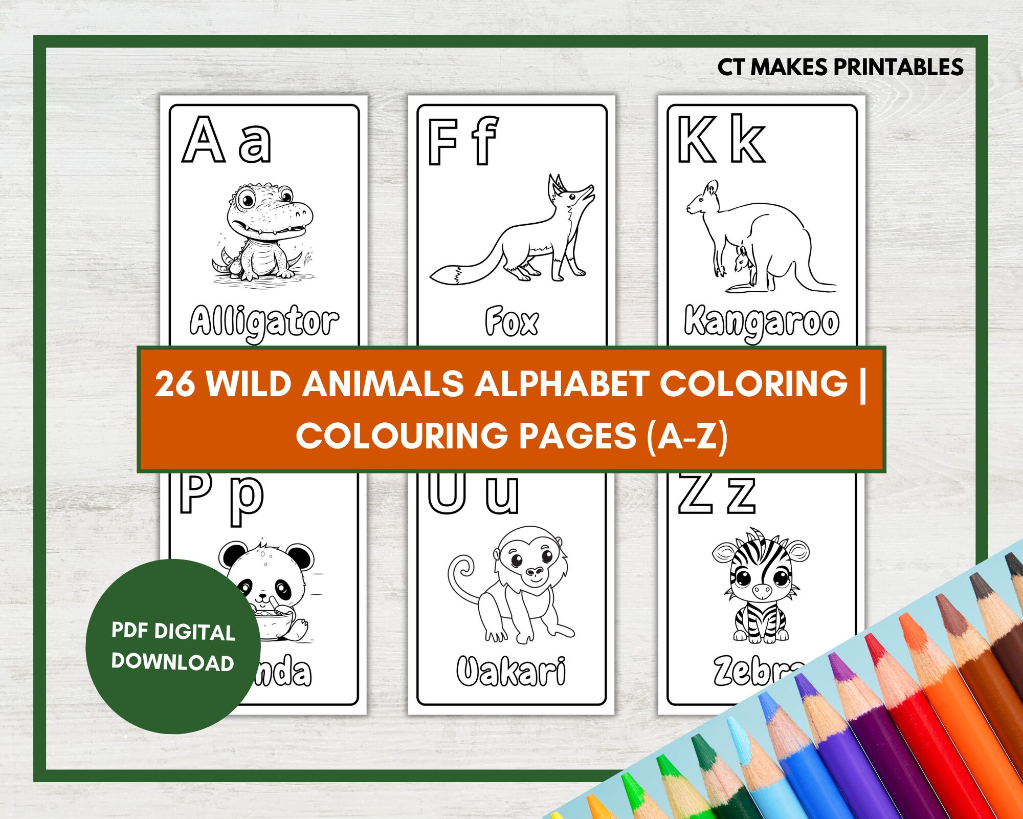 26 Wild Animals Alphabet Coloring Pages A-Z ABC Colouring Pages for ...