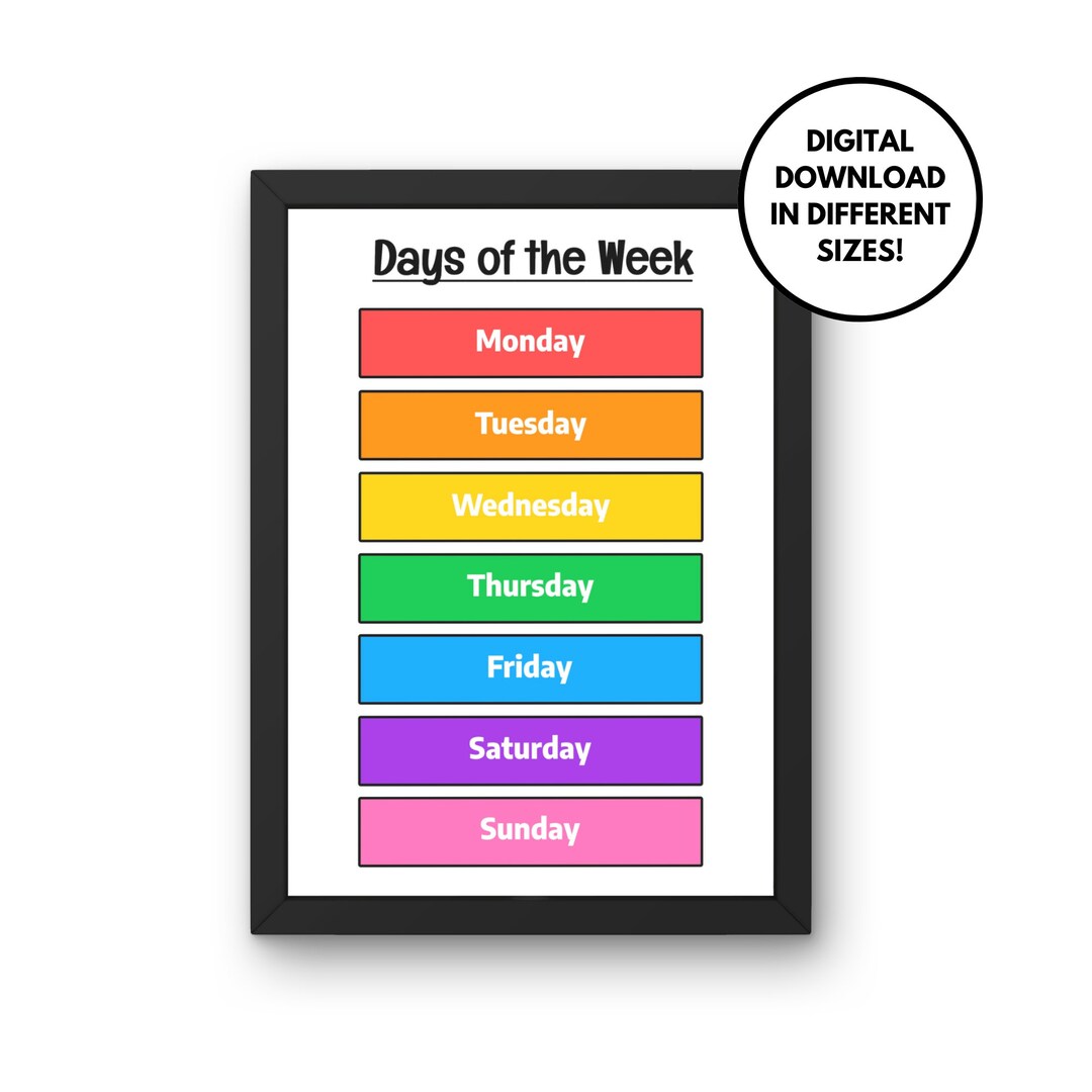 Days of the Week Poster Printable Wall Art Educational Wall Art for ...