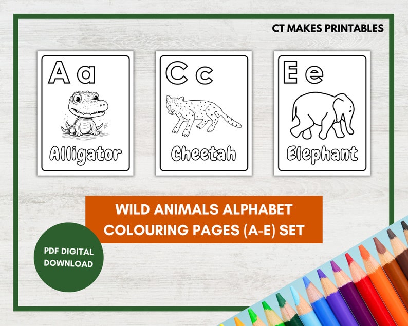Wild Animals Alphabet Colouring Pages A-E Set Animal ABC Colouring ...