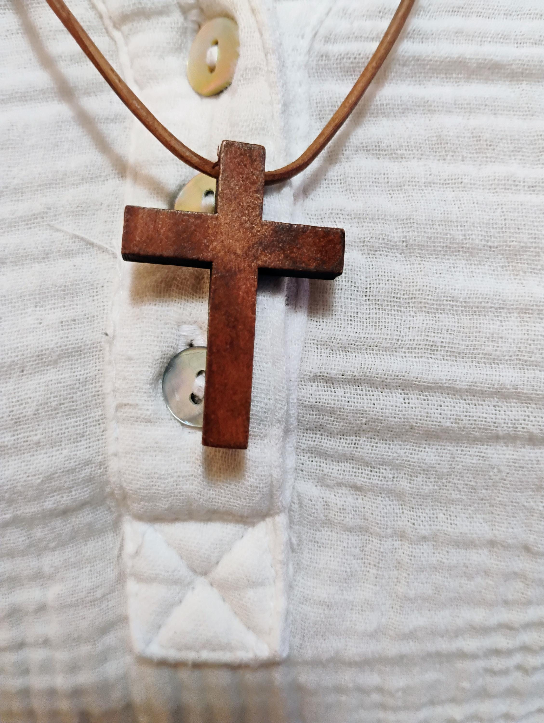 Olive Wood Cross Necklace. Solid Wood Cross Pendant and Leather Cord ...