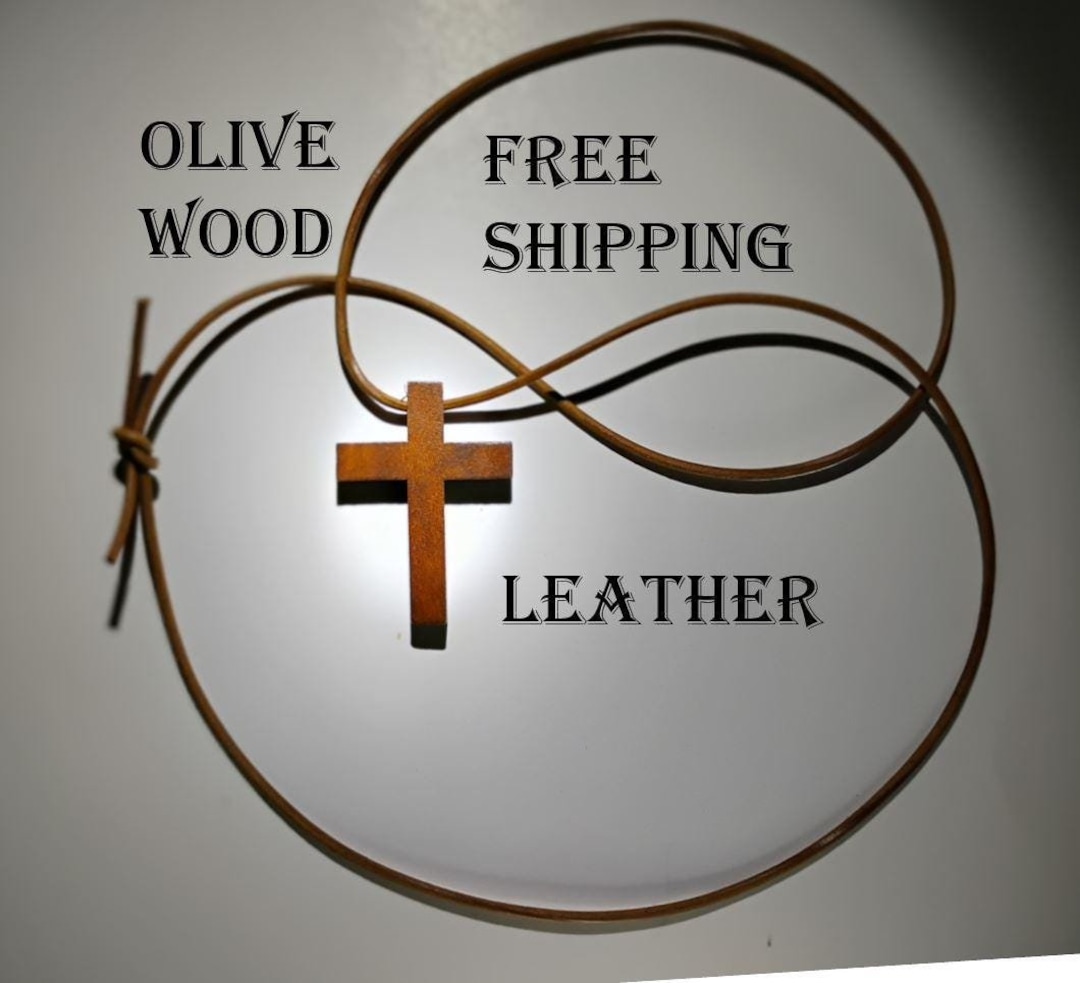 Olive Wood Cross Necklace. Solid Wood Cross Pendant and Leather Cord ...
