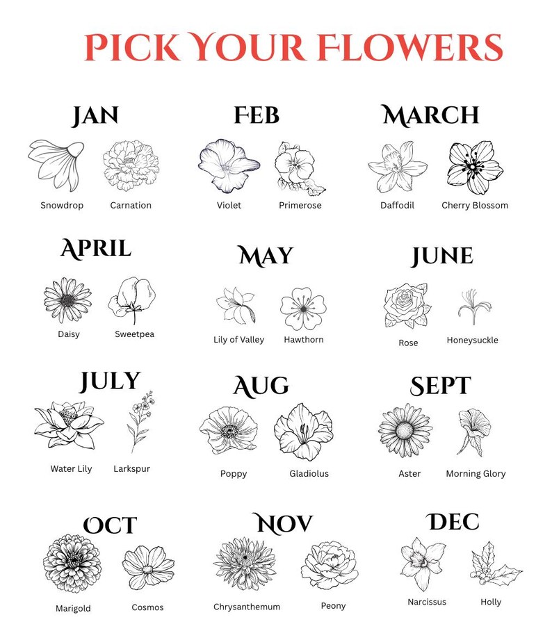 Custom Birth Flower Bouquet, Birth Flower Tattoo Design, Flower Bouquet ...