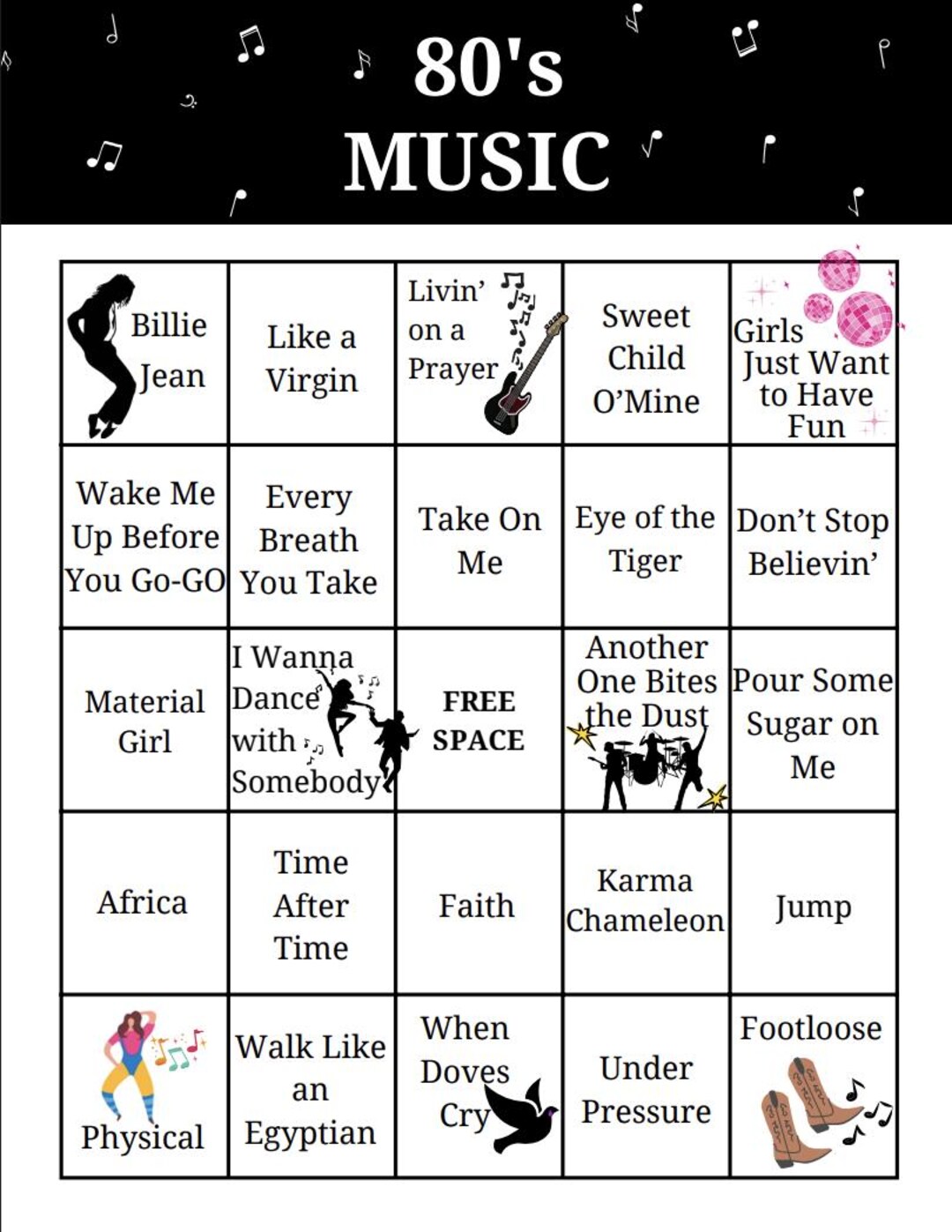 80s Music Bingo - Etsy