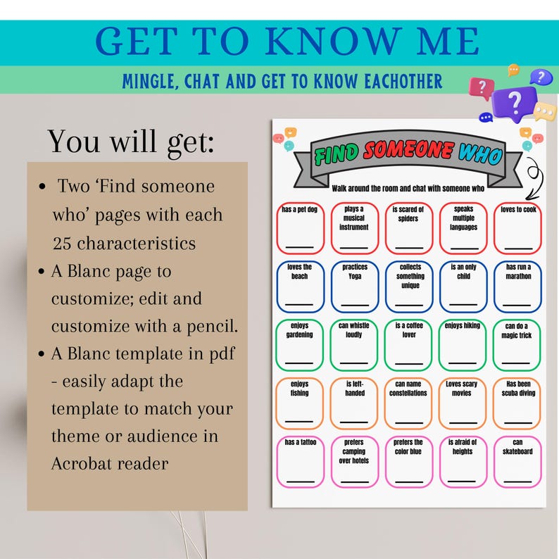 Get to Know Me Bingo, Team Building Get to Know Me Questionnaire ...