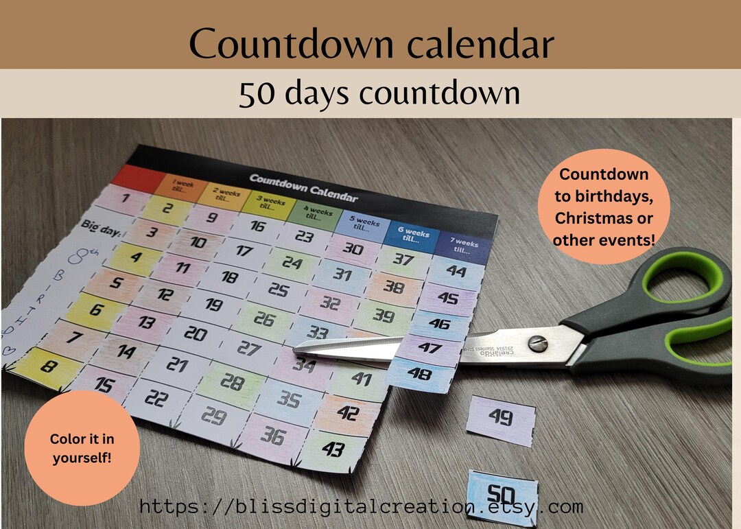50 Days Countdown Calendar, Countdown Coloring Page, DIY Christmas ...
