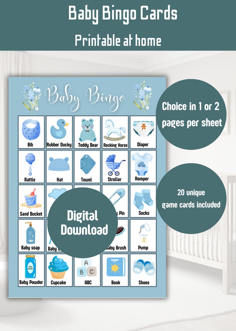 Blue Baby Shower Bingo Game Printable Cards bingo Cards, Baby Shower ...
