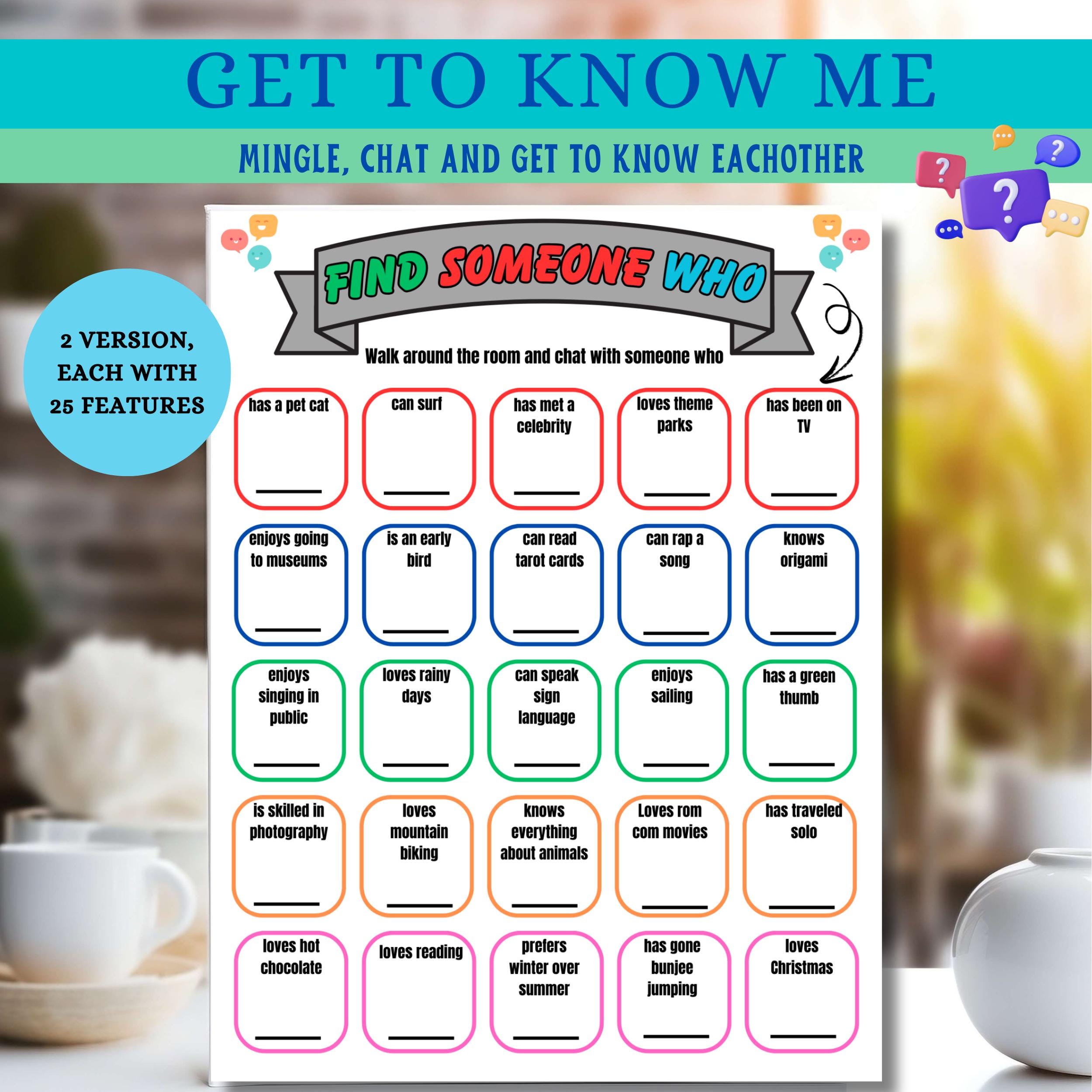 Get to Know Me Bingo, Team Building Get to Know Me Questionnaire ...
