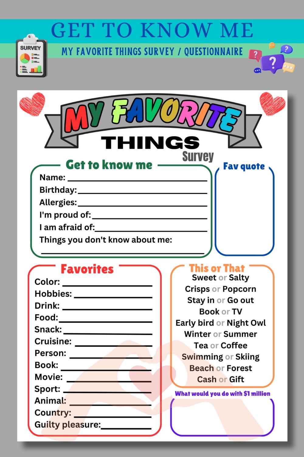 Get to Know Me Questionnaire, Team Building Get to Know Me ...