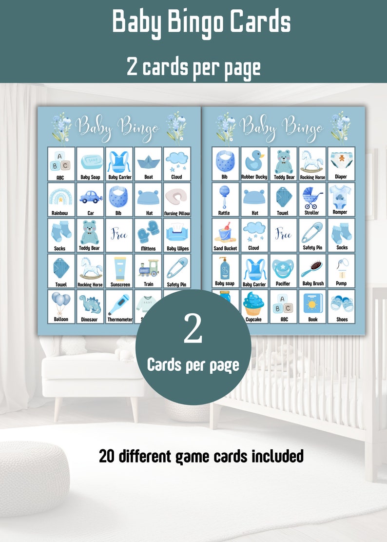 Blue Baby Shower Bingo Game Printable Cards bingo Cards, Baby Shower ...