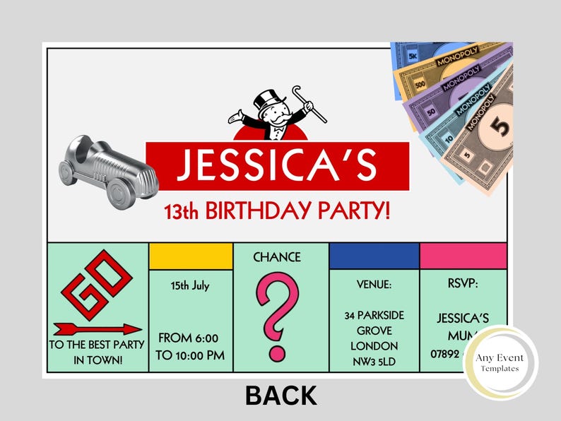 Editable Monopoly Board Game Party Invitation | Printable Kids Birthday ...