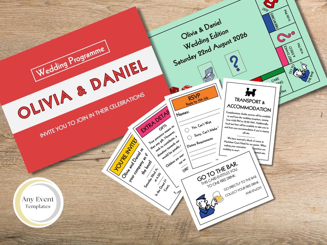 Monopoly Wedding Invitation Bundle, Fun Board Game Themed Wedding Day ...