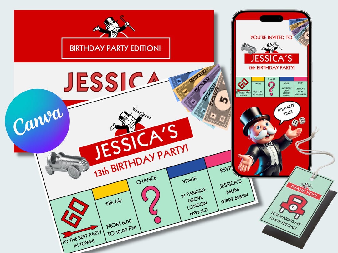 Monopoly-themed Birthday Party Invitation | Editable Birthday ...