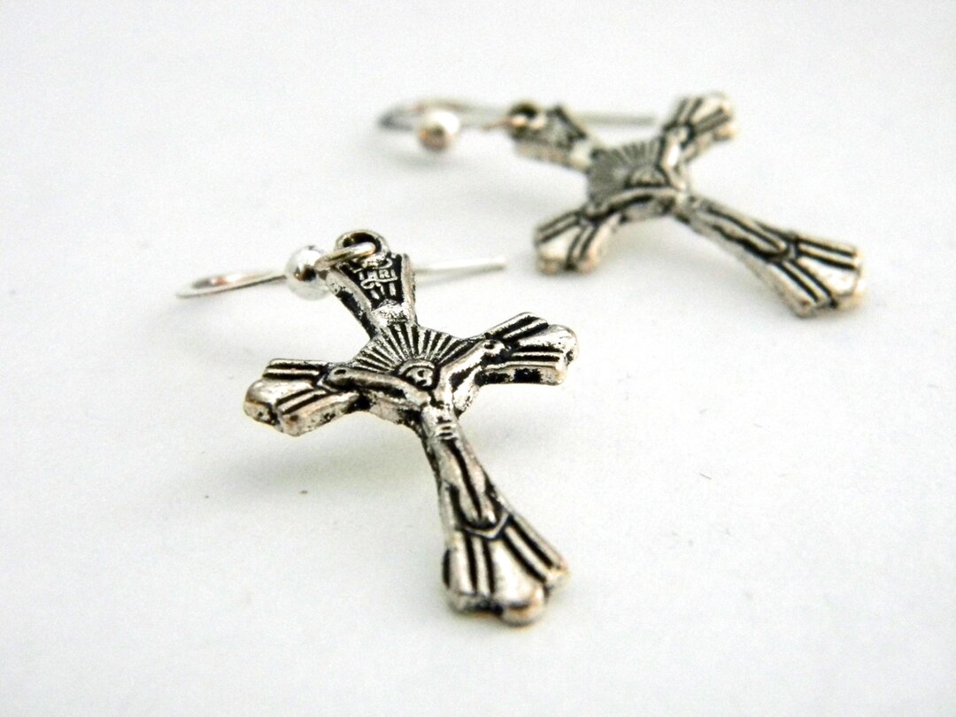 Crucifix Cross Earrings Silver Color Dangle Earrings Religious Earrings ...