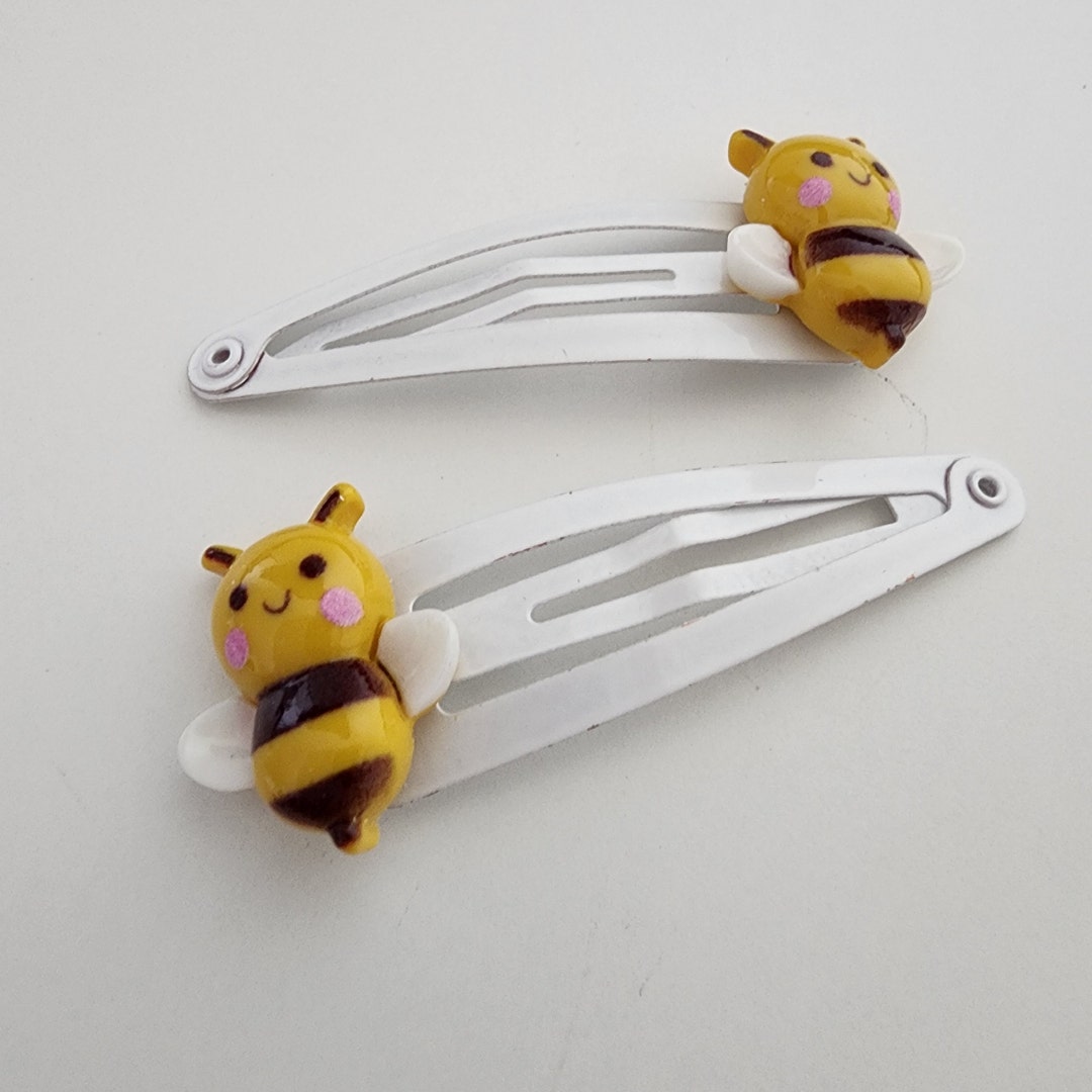 Bumble Bee Hair Clips Set of Two White Hair Clip Metal Snap Barrette ...