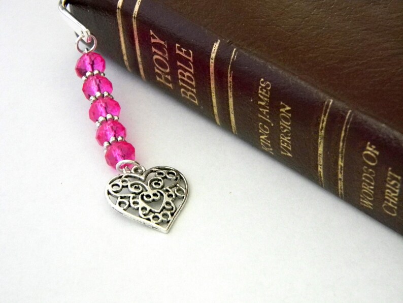 Heart Bookmark With Hot Pink Glass Beads Silver Color Shepherd Hook ...