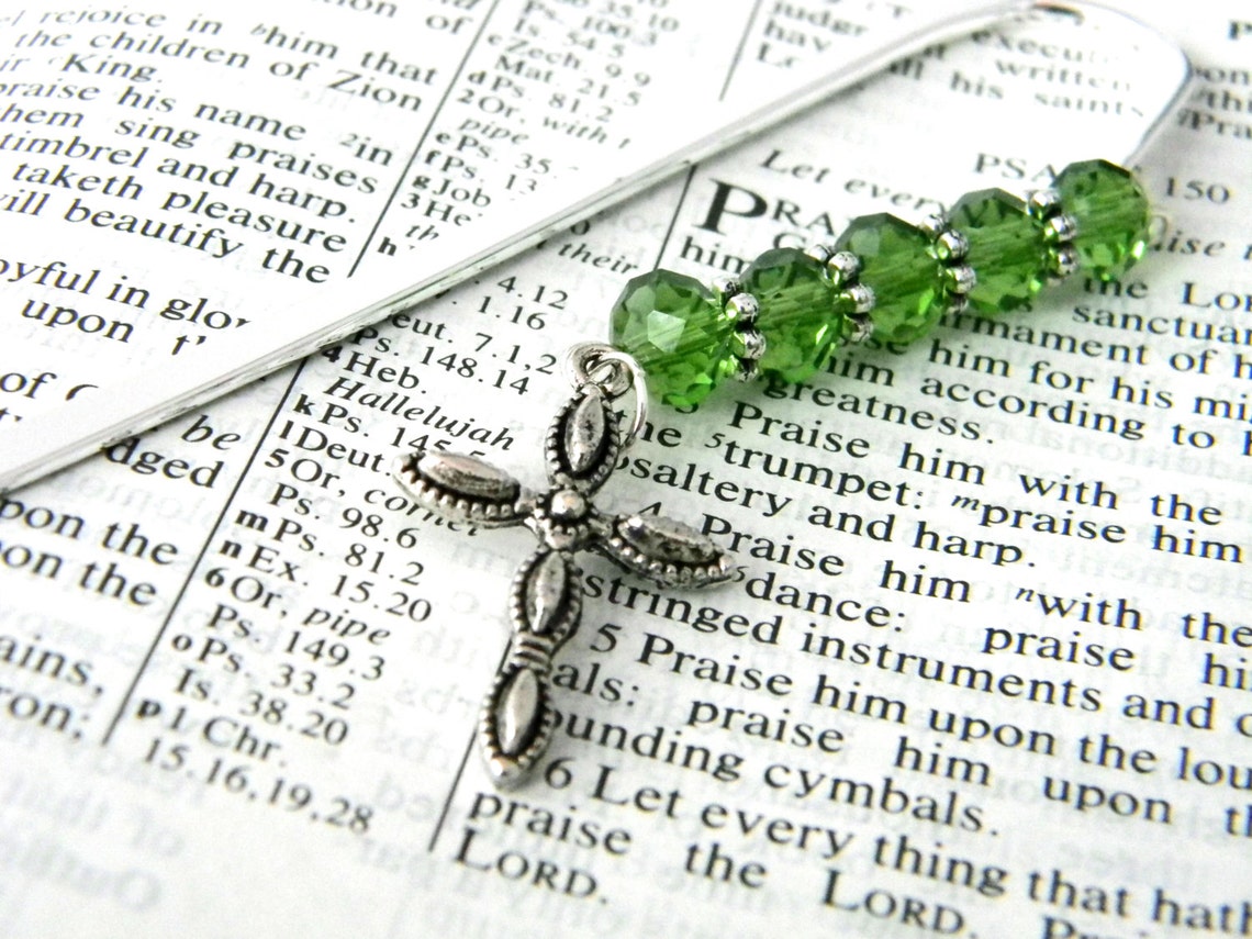 Pretty Cross Bookmark With Green Beads Shepherd Hook Steel Bookmark ...
