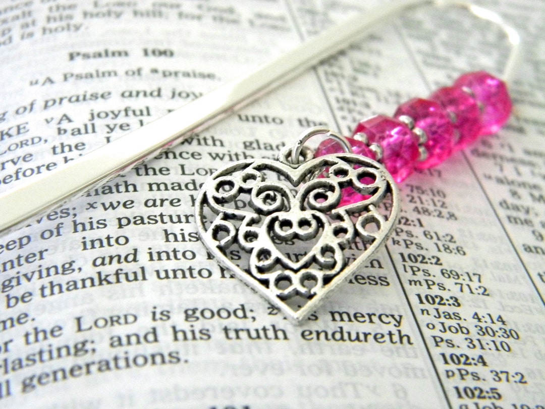 Heart Bookmark With Hot Pink Glass Beads Silver Color Shepherd Hook ...