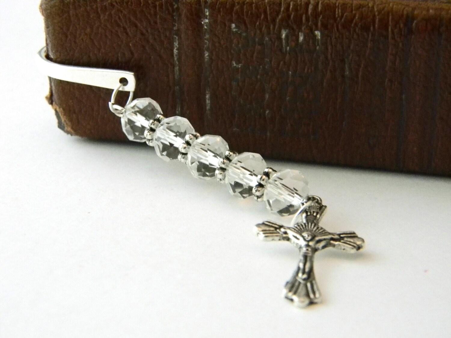 Crucifix Cross Bookmark With Clear Glass Beads Silver Plated Steel ...