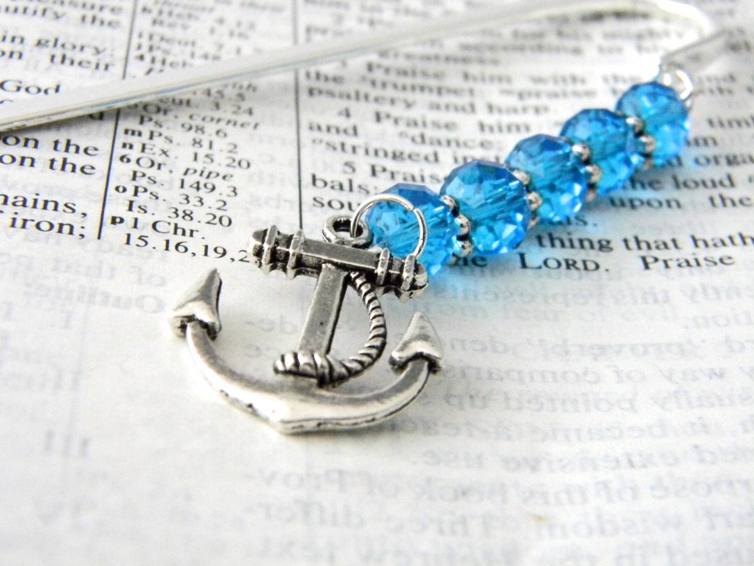 Anchor Bookmark With Aqua Blue Glass Beads Shepherd Hook Steel Bookmark ...
