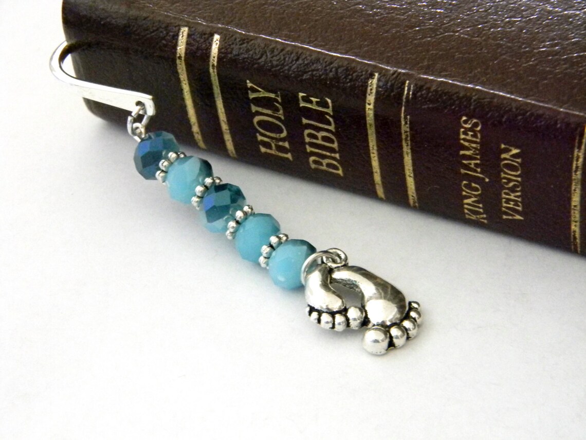 Footprint Bookmark With Blue Glass Beads Shepherd Hook Silver Bookmark ...
