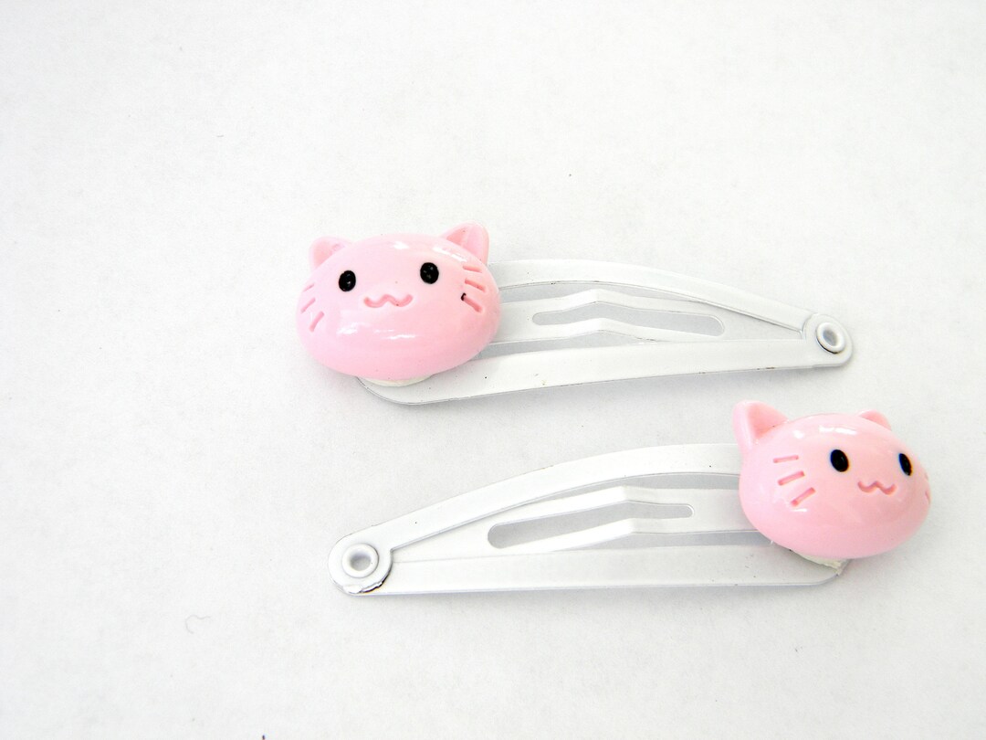 Pink Cat Hair Clips, Set of Two White Hair Clips, Metal Snap Barrette ...