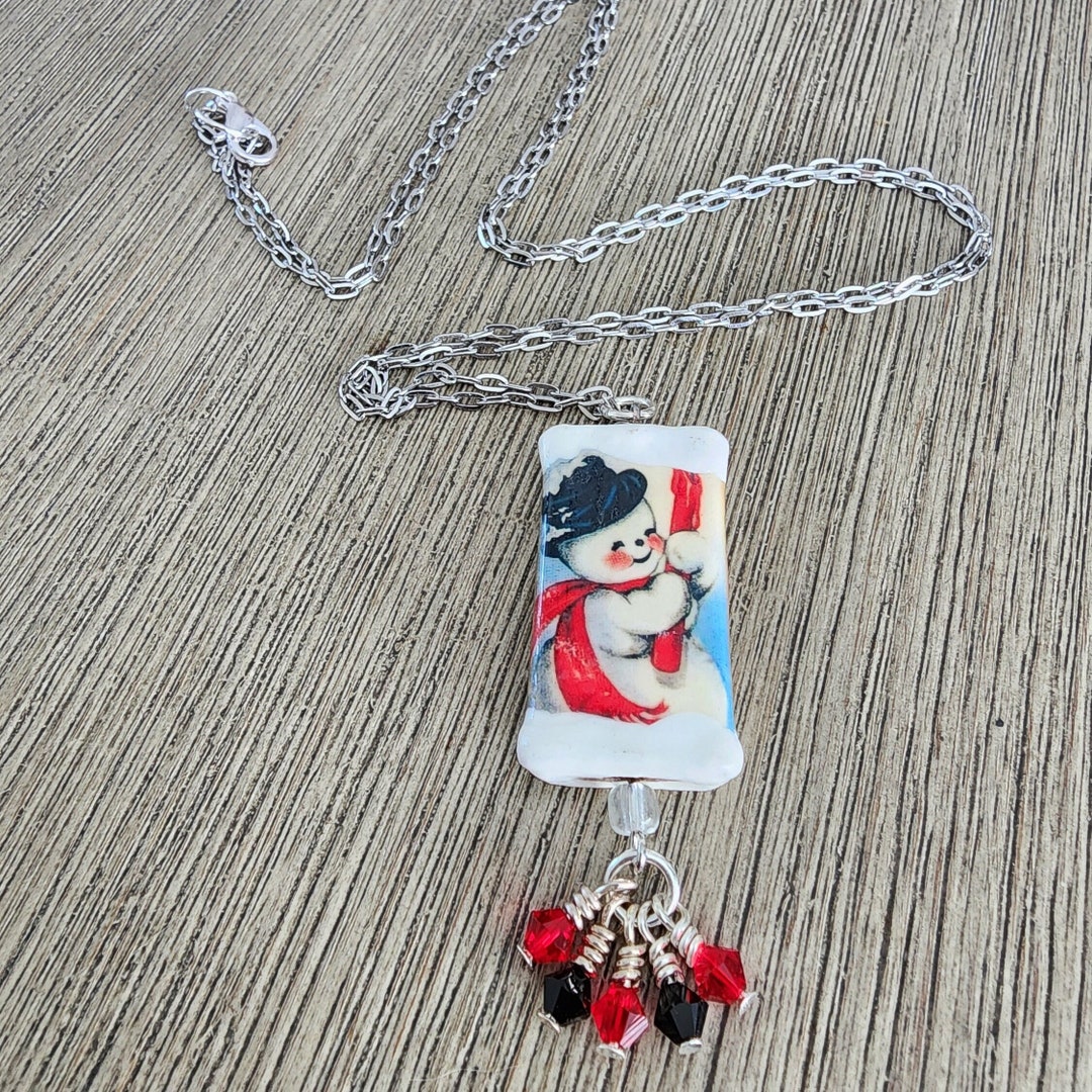 Snowman Bamboo Tile Chain Necklace Long Necklace 28 Inch Lobster Clasp ...