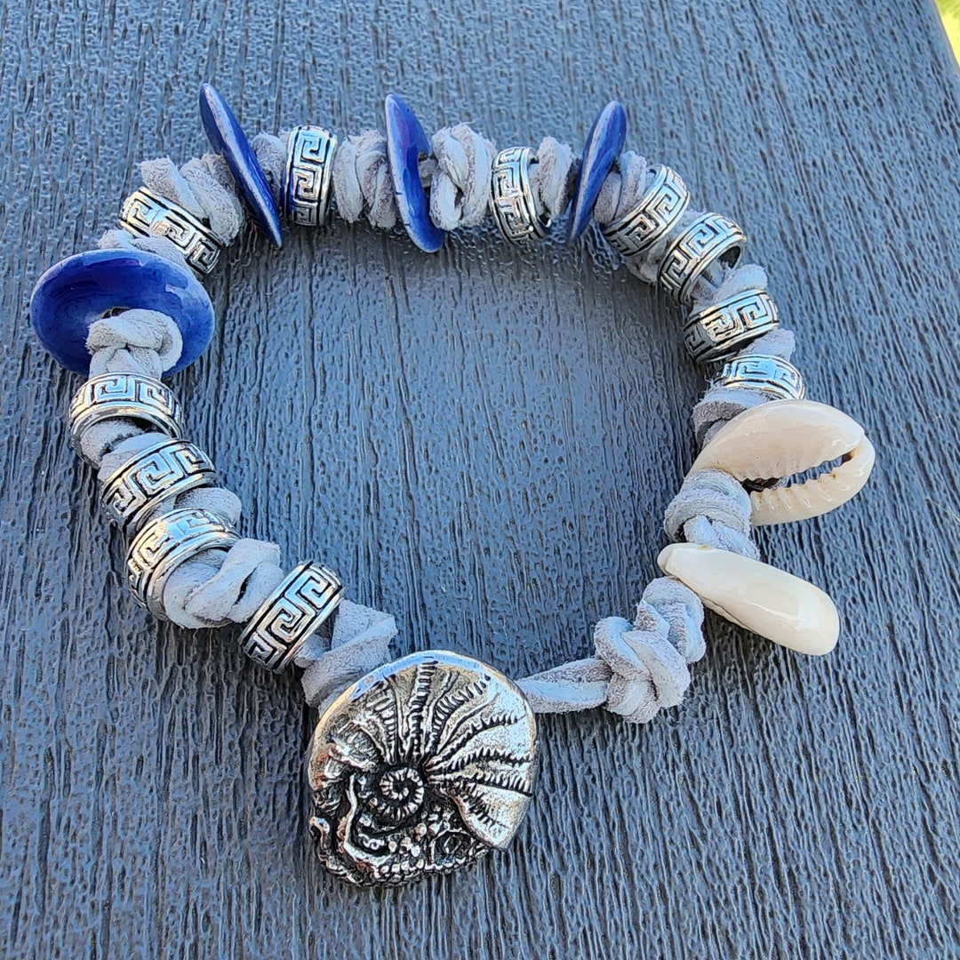 Nautilus Button Bracelet Button Closure Leather Bracelet Blue Mykonos ...