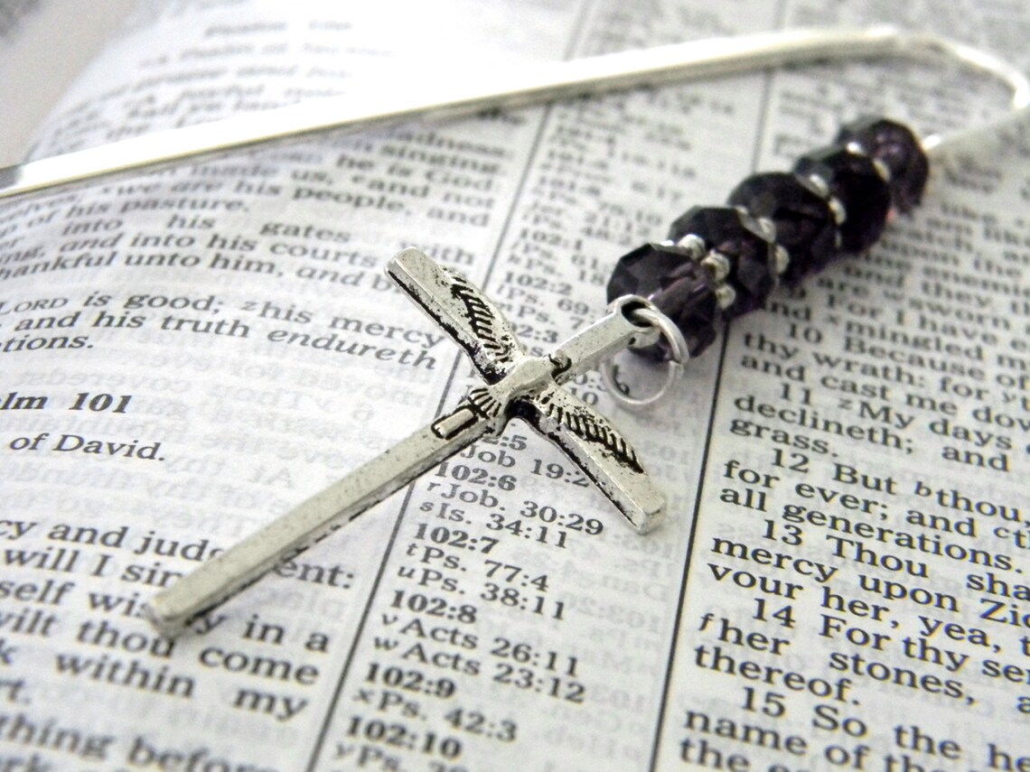 Holy Spirit Cross Bookmark With Purple Glass Beads Silver Plated Steel ...