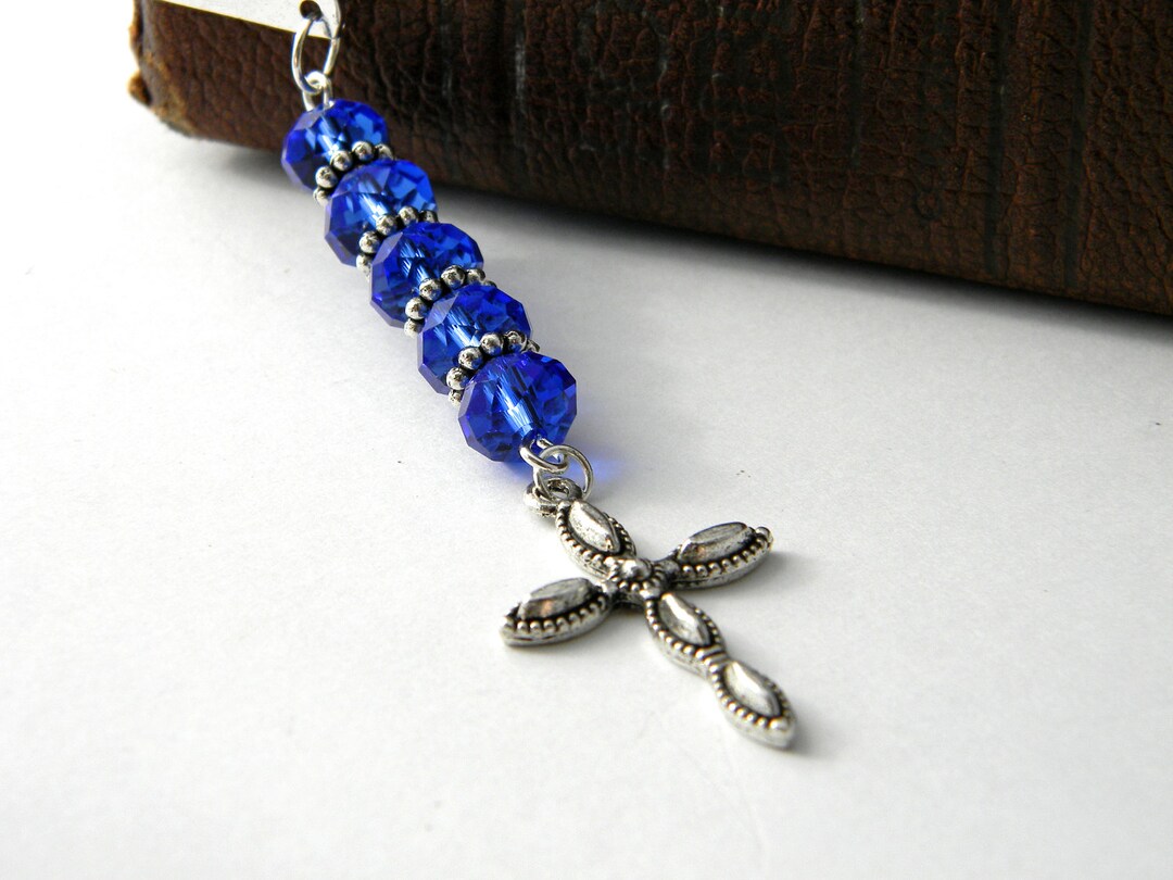 Pretty Cross Bookmark With Blue Glass Beads Shepherd Hook Steel ...