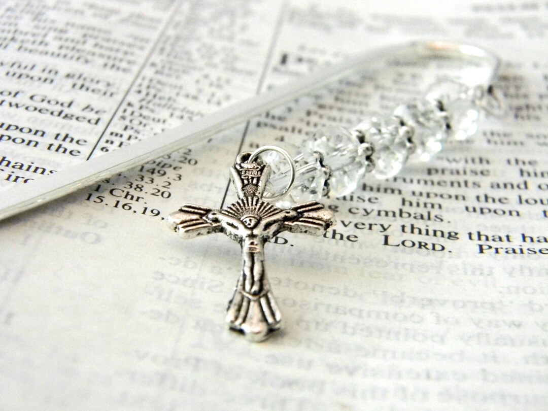 Crucifix Cross Bookmark With Clear Glass Beads Silver Plated Steel ...