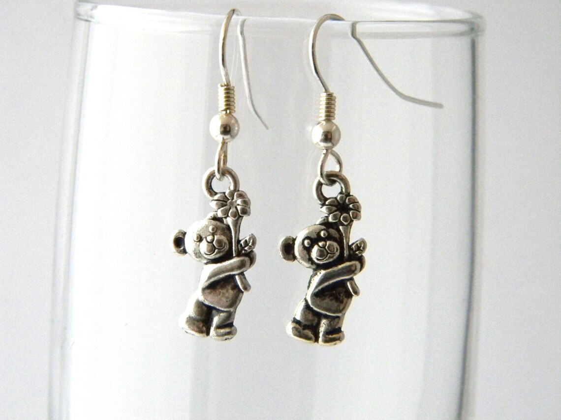 Teddy Bear Earrings Silver Color Holding a Flower Dangle Earrings - Etsy