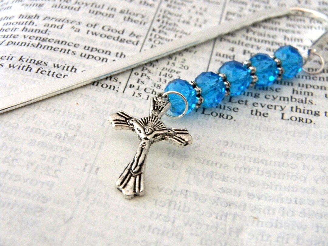 Crucifix Cross Bookmark With Blue Glass Beads Shepherd Hook Steel ...