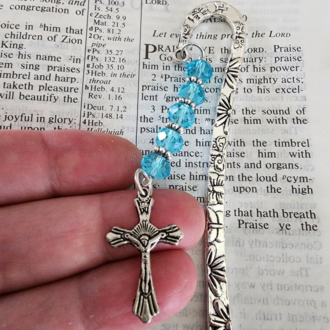 Crucifix Cross Flower Bookmark With Aqua Blue Glass Beads Shepherd Hook ...