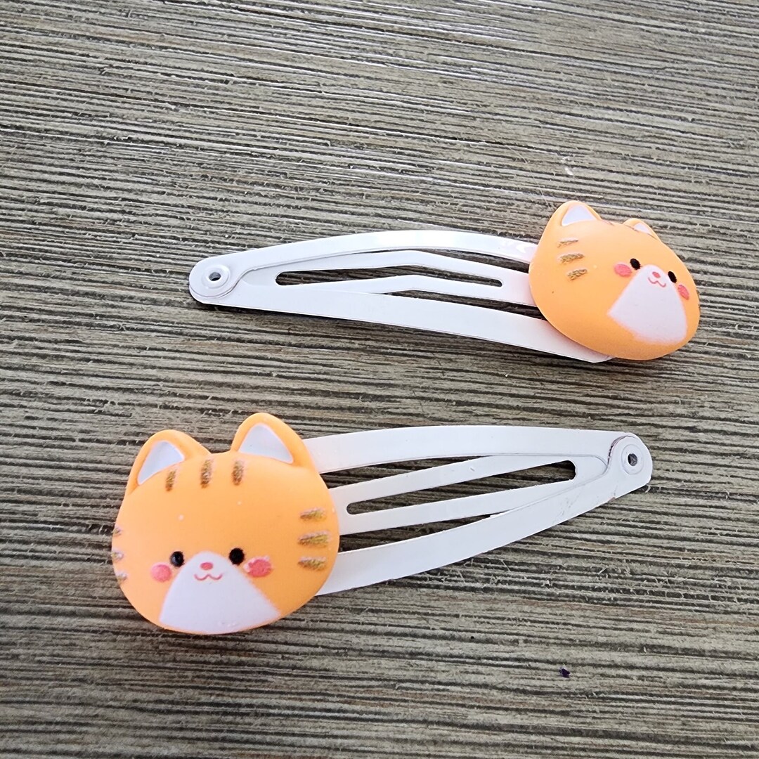 Orange Tabby Cat Face Hair Clips, Set of Two White Hair Clips, Metal ...