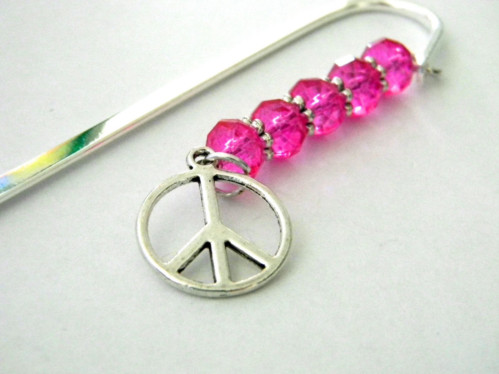 Peace Sign Bookmark With Hot Pink Glass Beads Shepherd Hook Steel ...
