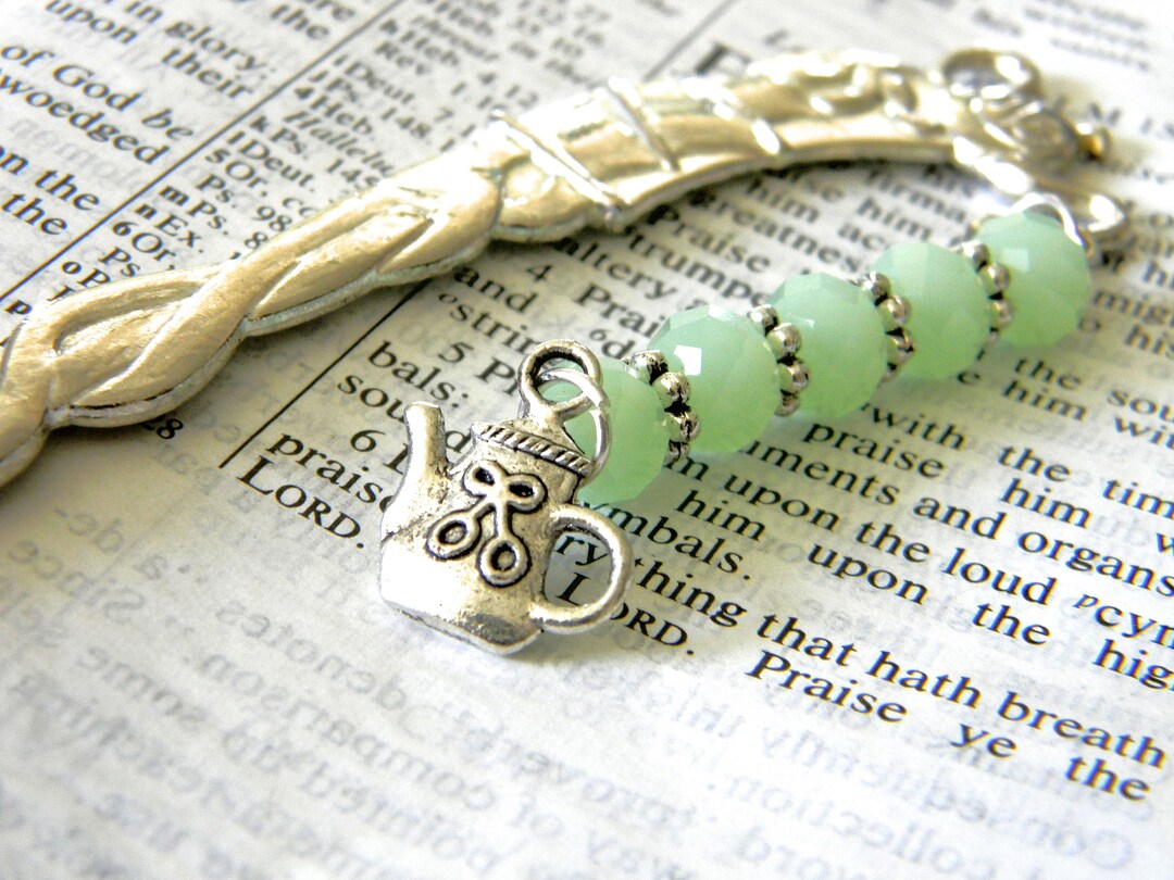 Teapot Bookmark With Mint Green Glass Beads Silver Color Shepherd Hook ...