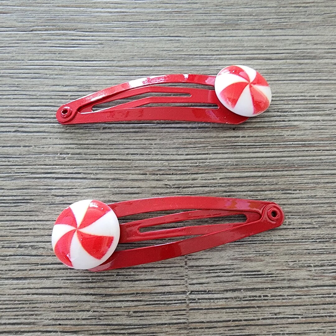 Peppermint Hair Clips, Set of Two Red Hair Clips, Metal Snap Barrette ...