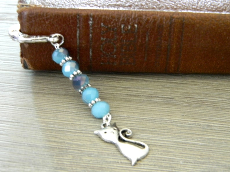 Cat Bookmark With Blue Glass Beads Flower Shepherd Hook Bookmark Silver ...