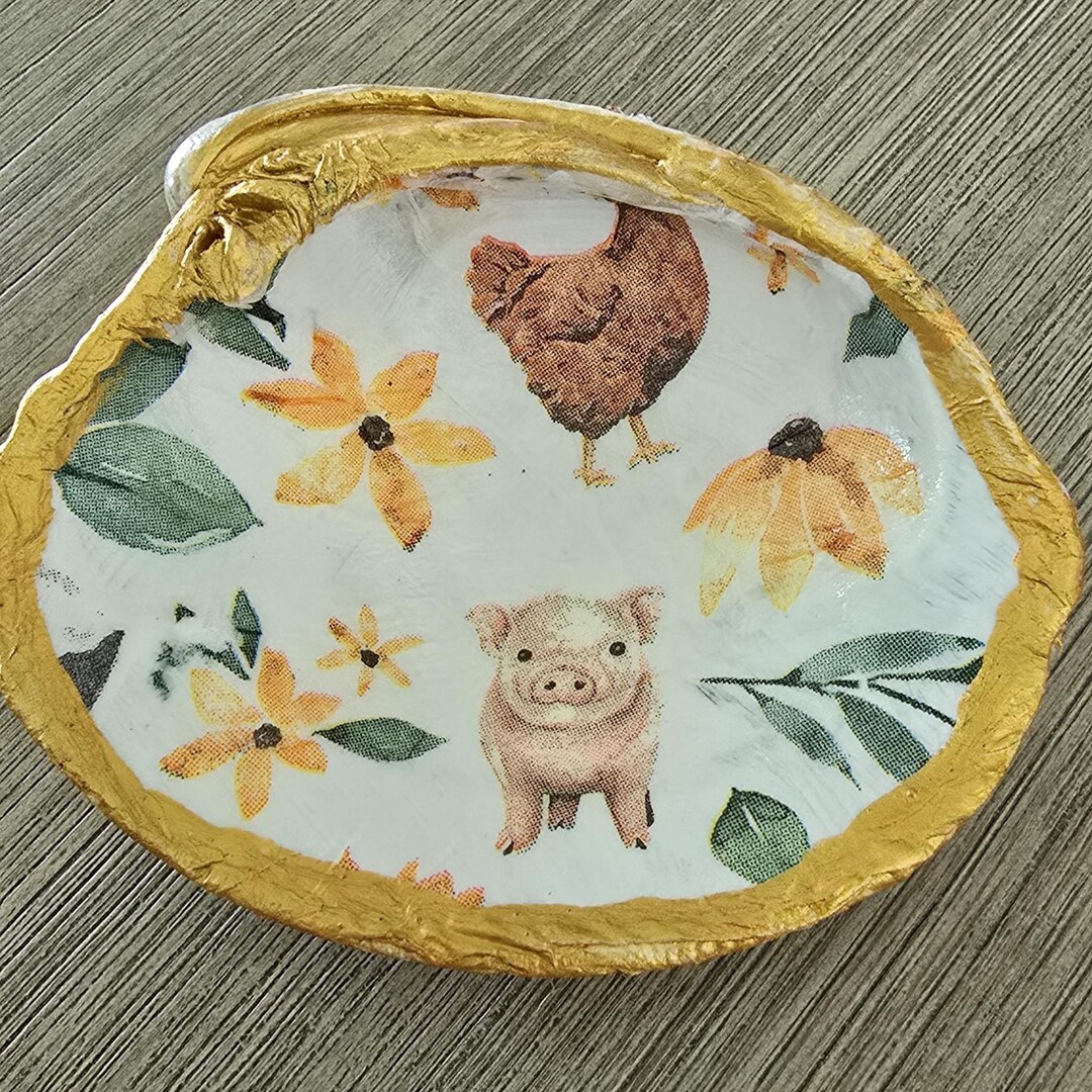 Farm Pattern Decoupage Shell Trinket Dish Jewelry Dish Clam Shell Pig ...