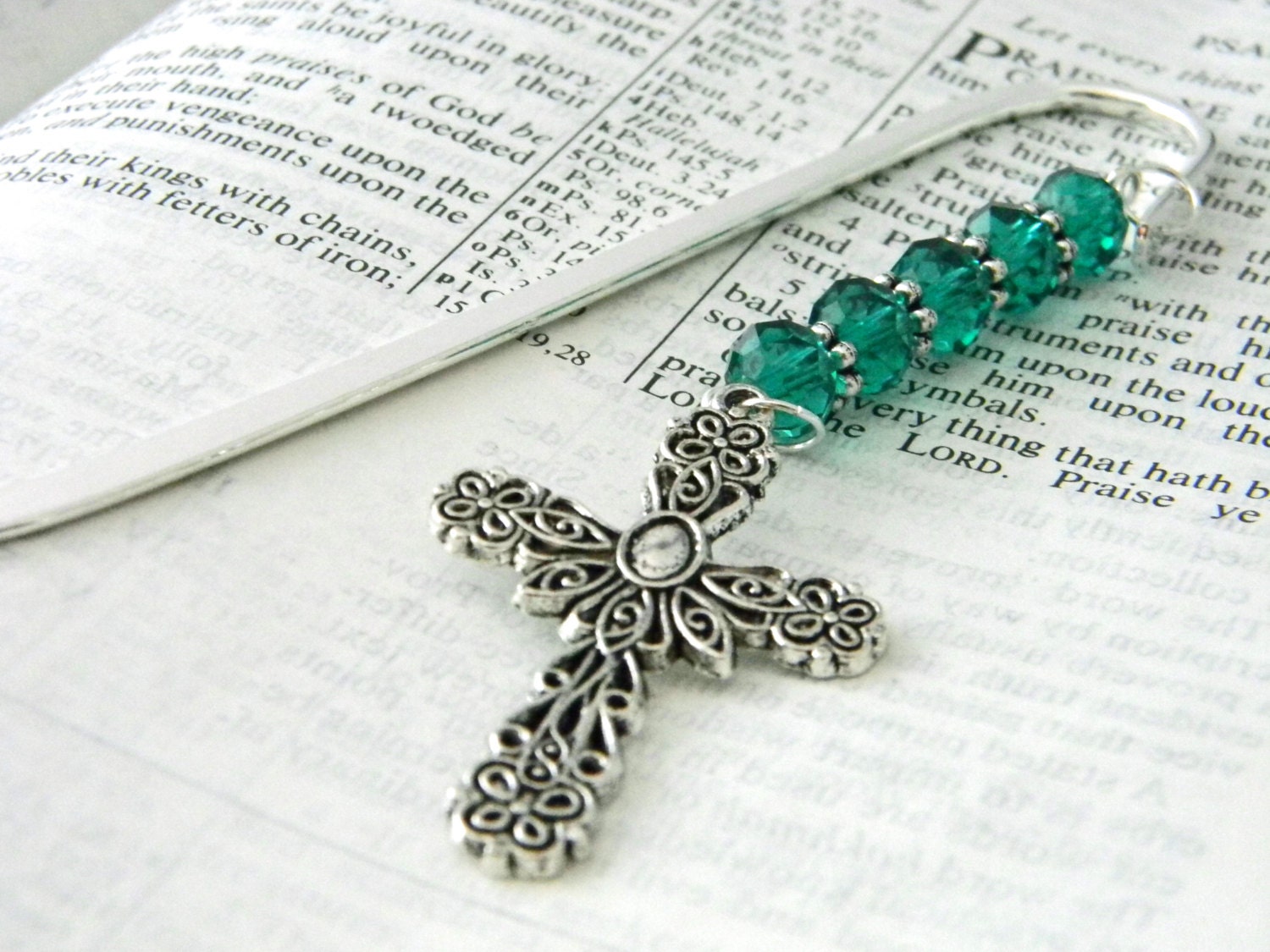 Fancy Cross Bookmark With Emerald Green Glass Beads Shepherd Hook Steel ...