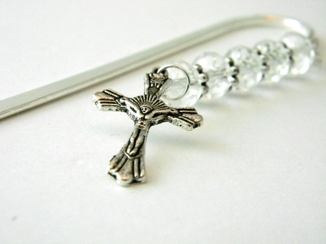Crucifix Cross Bookmark With Clear Glass Beads Silver Plated Steel ...
