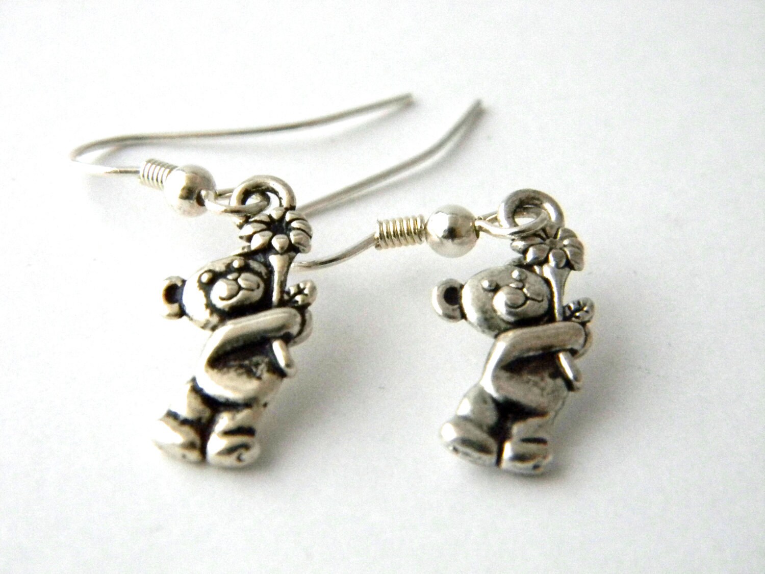 Teddy Bear Earrings Silver Color Holding a Flower Dangle Earrings - Etsy