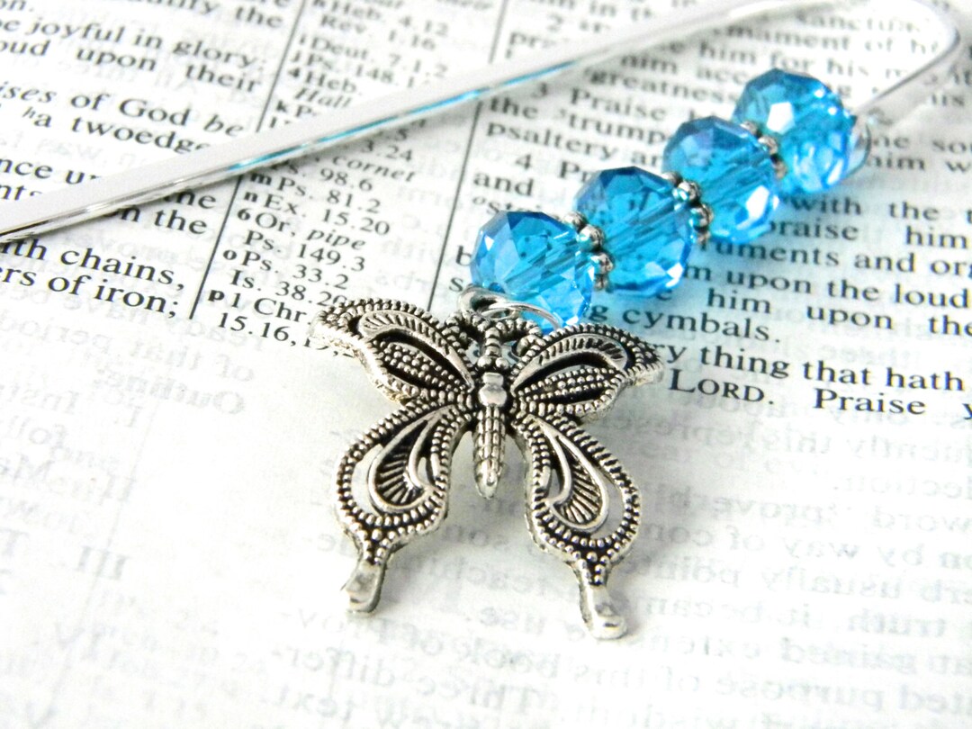 Pretty Butterfly Bookmark With Aqua Blue Glass Beads Silver Color ...