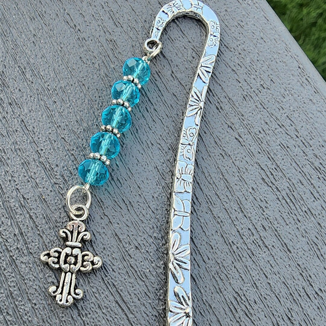 Cross Flower Bookmark With Aqua Blue Glass Beads Shepherd Hook Bookmark ...