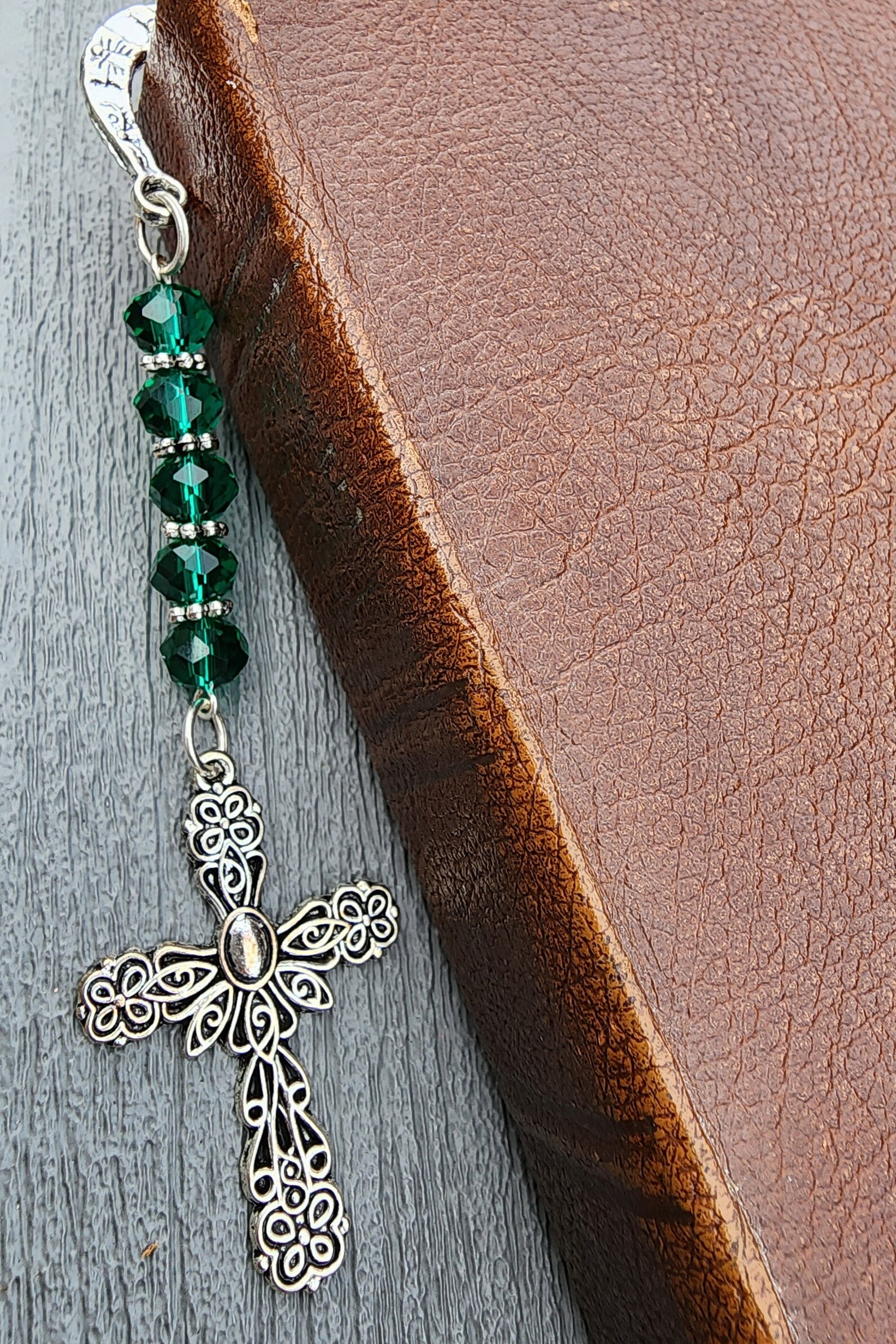 Large Cross Bookmark With Teal Green Glass Beads Shepherd Hook Steel ...