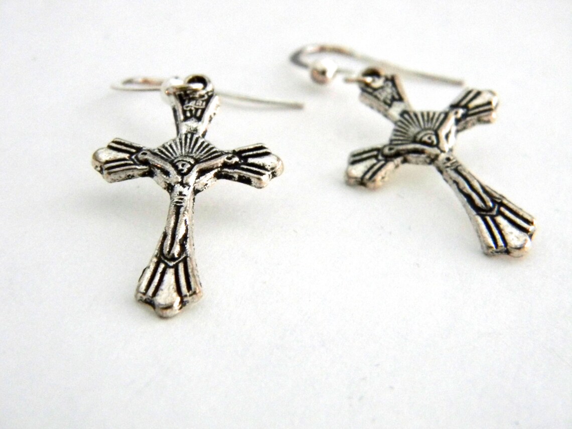 Crucifix Cross Earrings Silver Color Dangle Earrings Religious Earrings ...