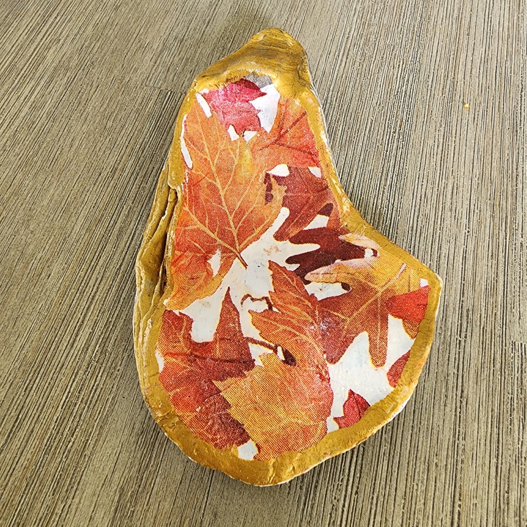 Decoupage Autumn Leaves Shell Trinket Dish Jewelry Dish Oyster Shell - Etsy