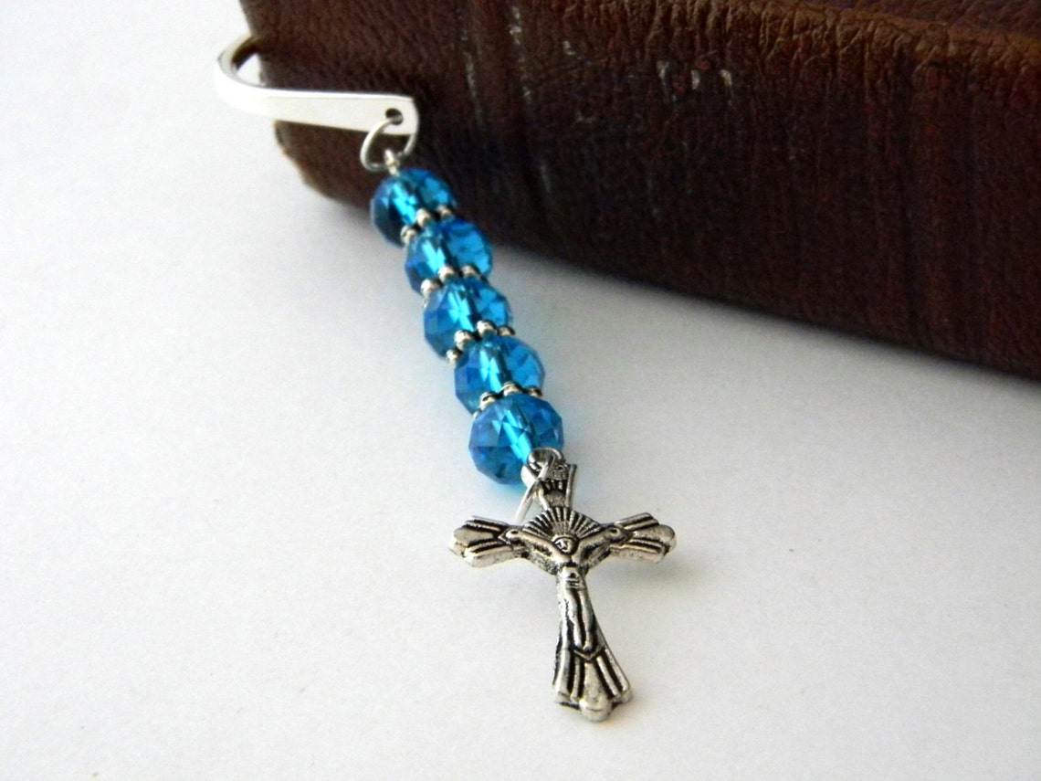 Crucifix Cross Bookmark With Blue Glass Beads Shepherd Hook | Etsy