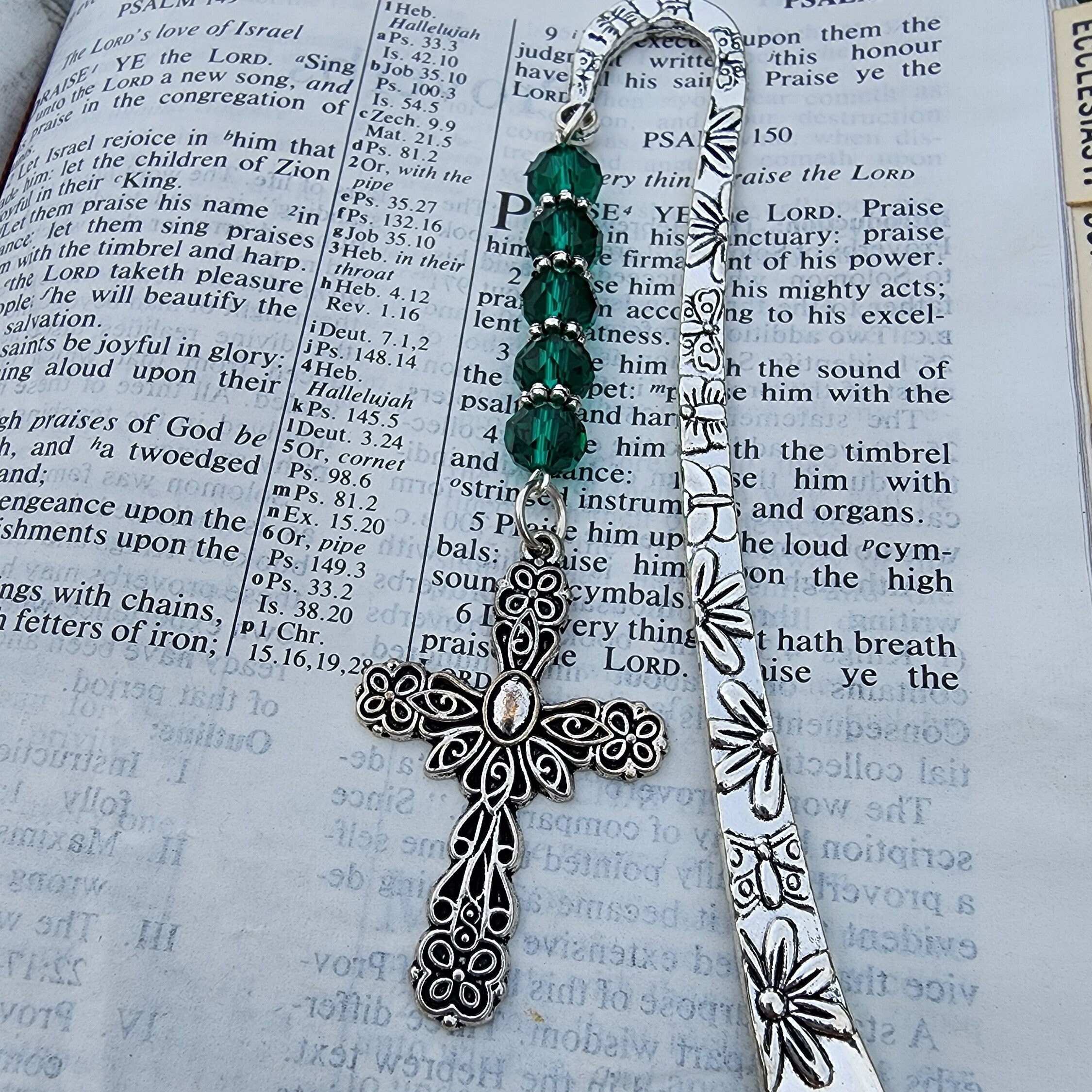 Large Cross Bookmark With Teal Green Glass Beads Shepherd Hook Steel ...